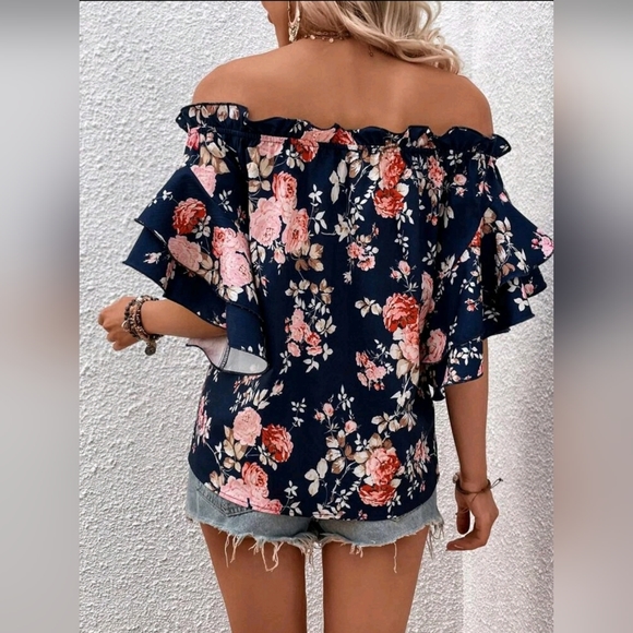 Tops | New Boho Floral Rose Off Shoulder Ruffle Top Navy Blue Pink Red ...